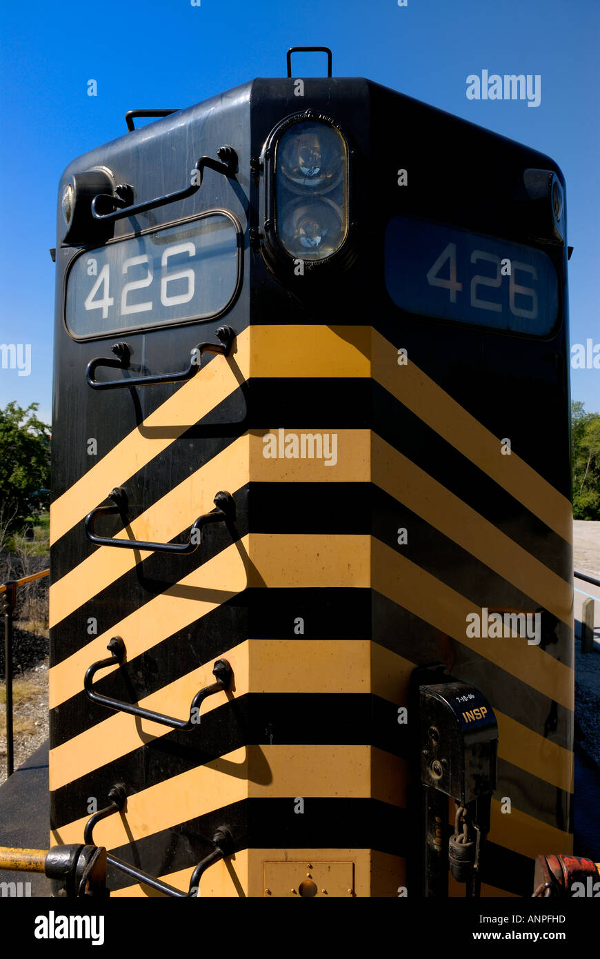 Hood of diesel locomotive with yellow stripes Stock Photo - Alamy