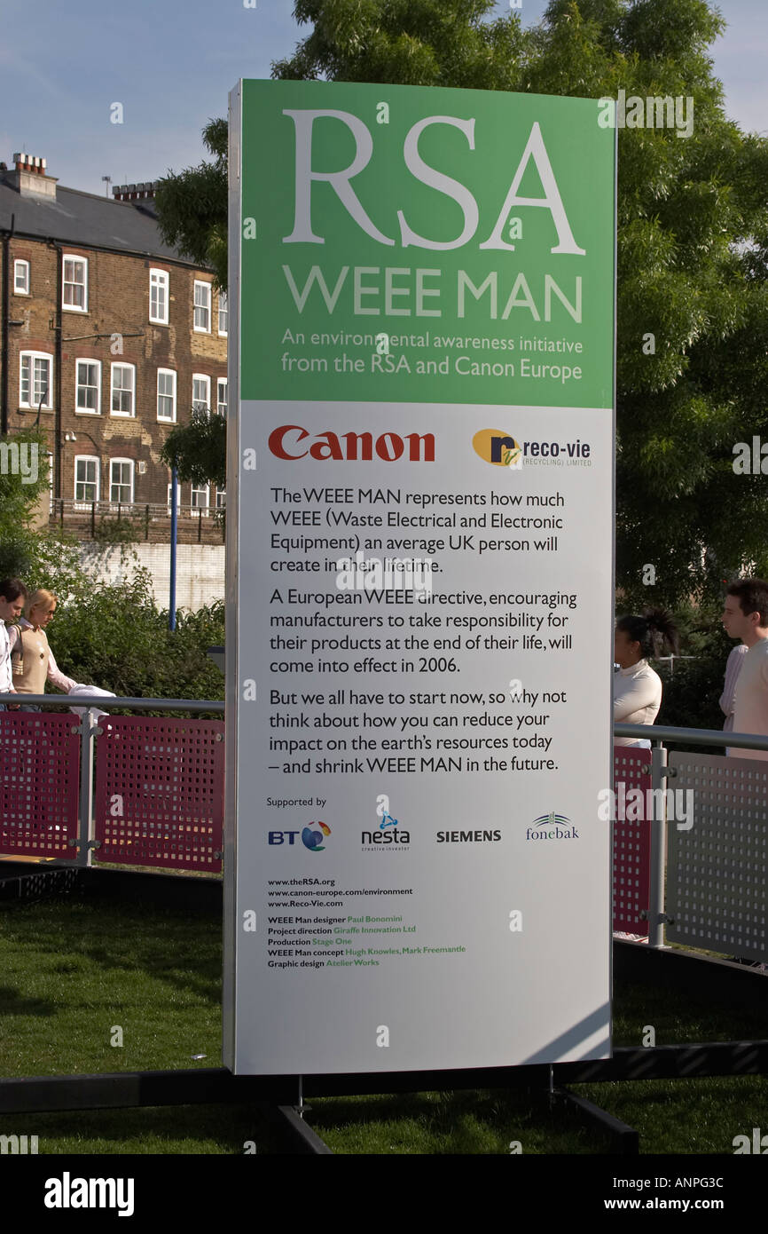 Information board the WEEE MAN robot abstract sculpture made of Waste ...