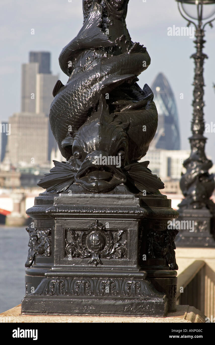 Dolphin sculpture detail on base of street lamps on Queen s Walk by ...
