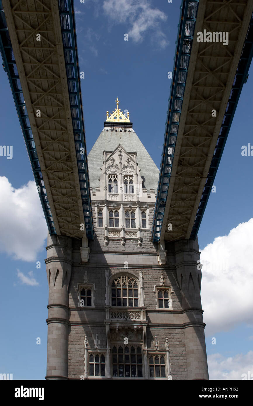 View up inside Tower Bridge with summer clouds City of London EC3 ...