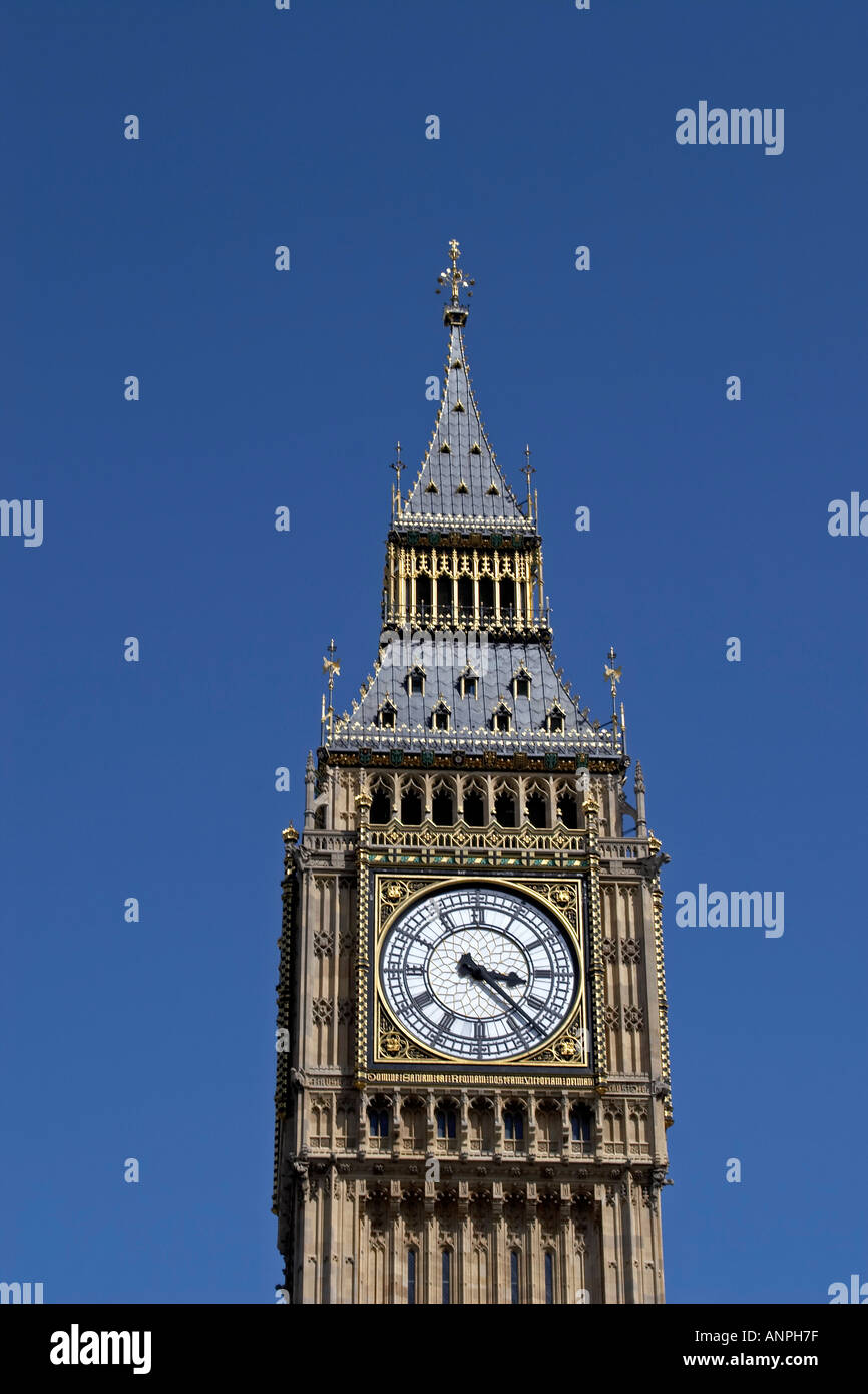 Detail of Big Ben clock tower against blue sky London SW1 England ...