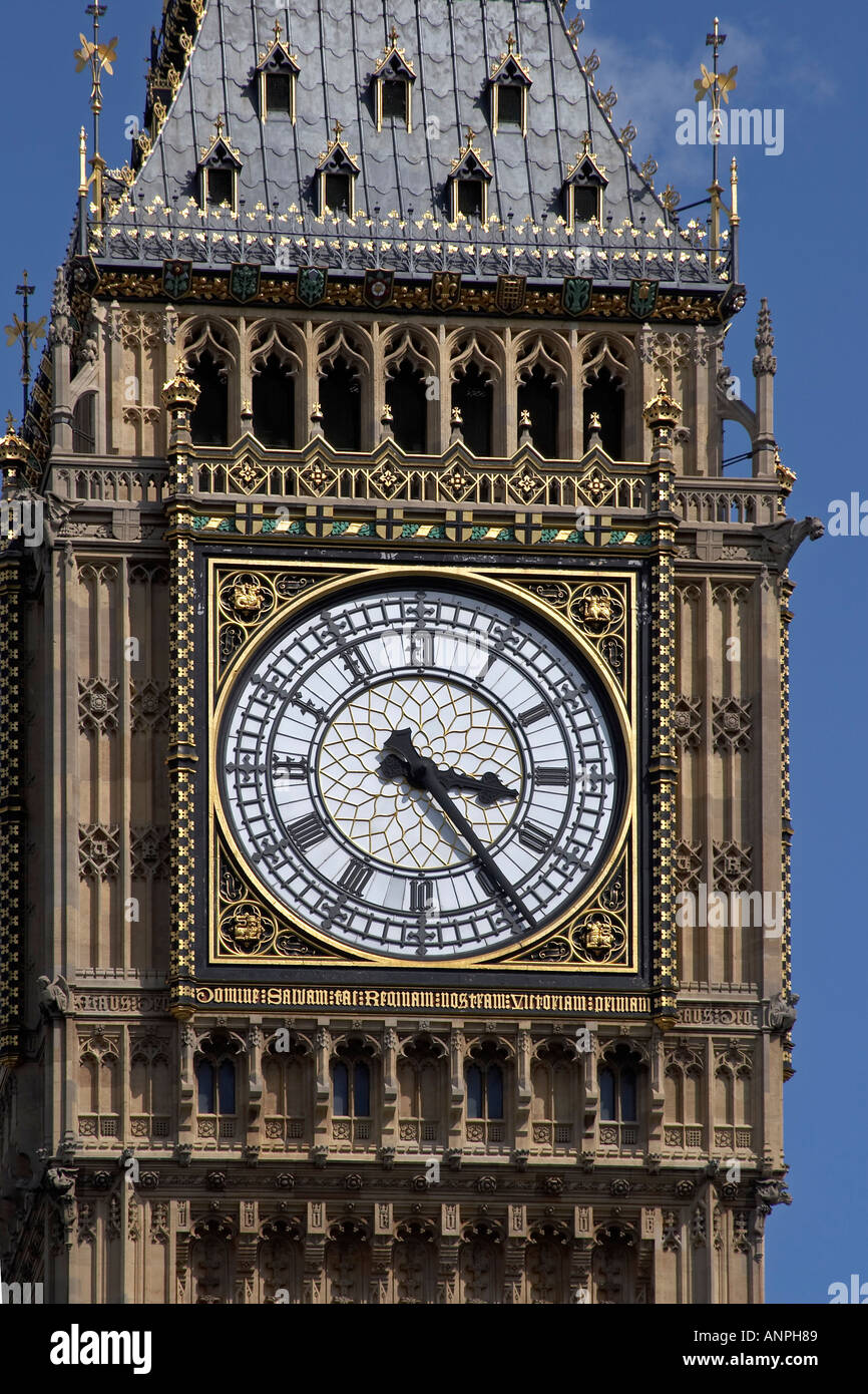 Dramatic close up view of Big Ben clock with guilding detail London SW1 ...