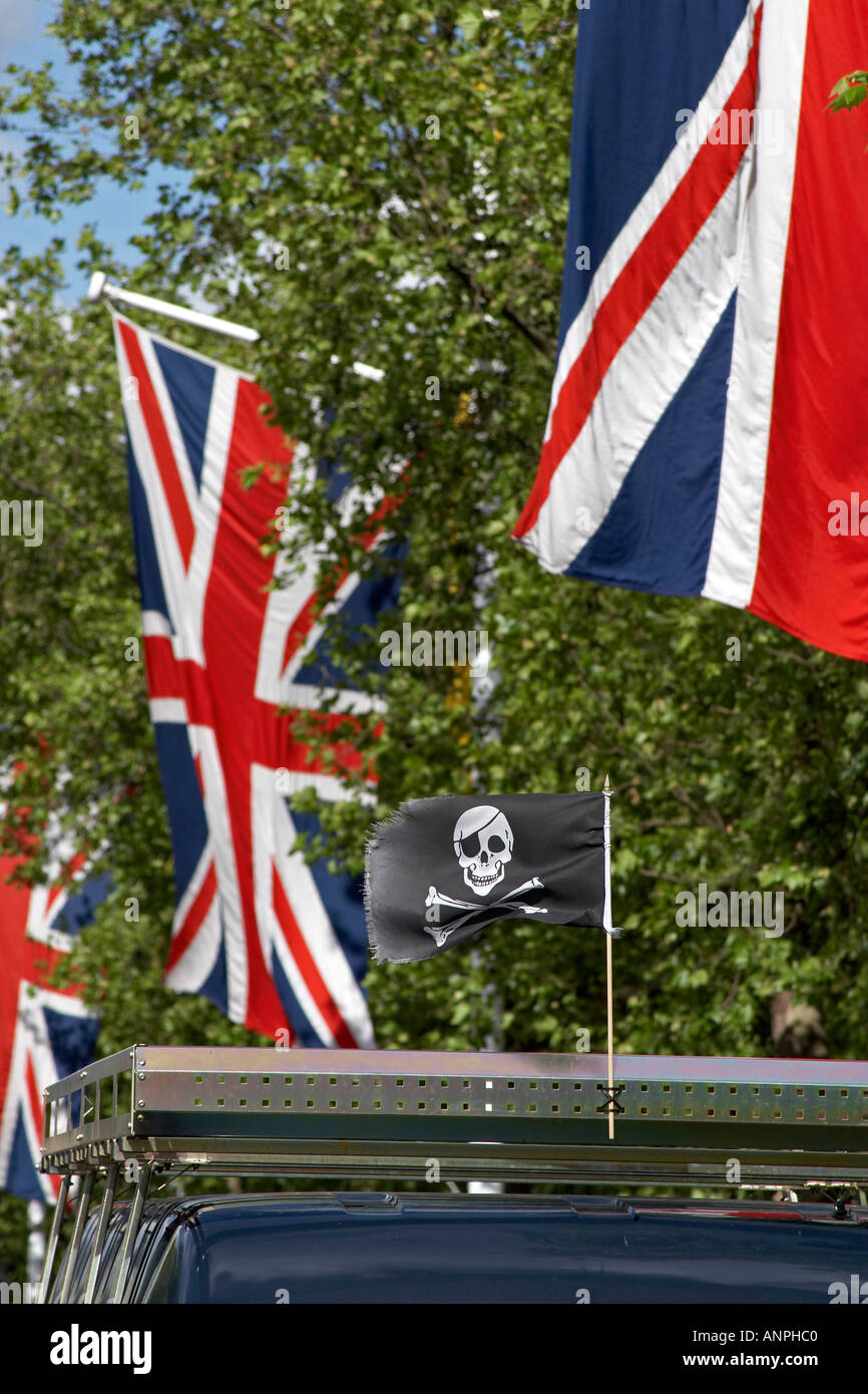 Strange juxtaposition of Union Jack flags with a skull and crossbones ...