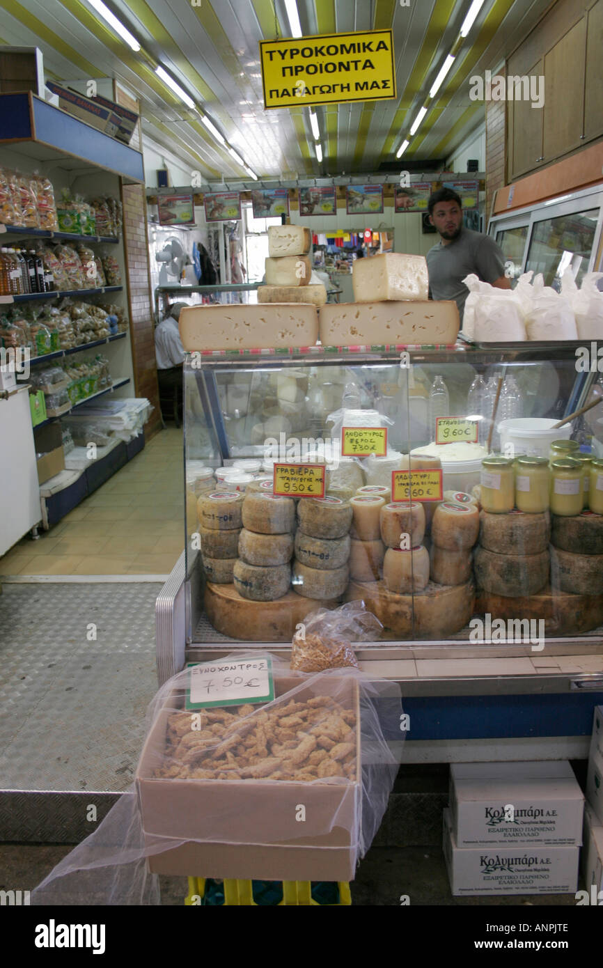 A CHEESE SHOP WITHIN THE INDOOR MARKET AT CHANIA. CRETE. GREEK ISLAND ...
