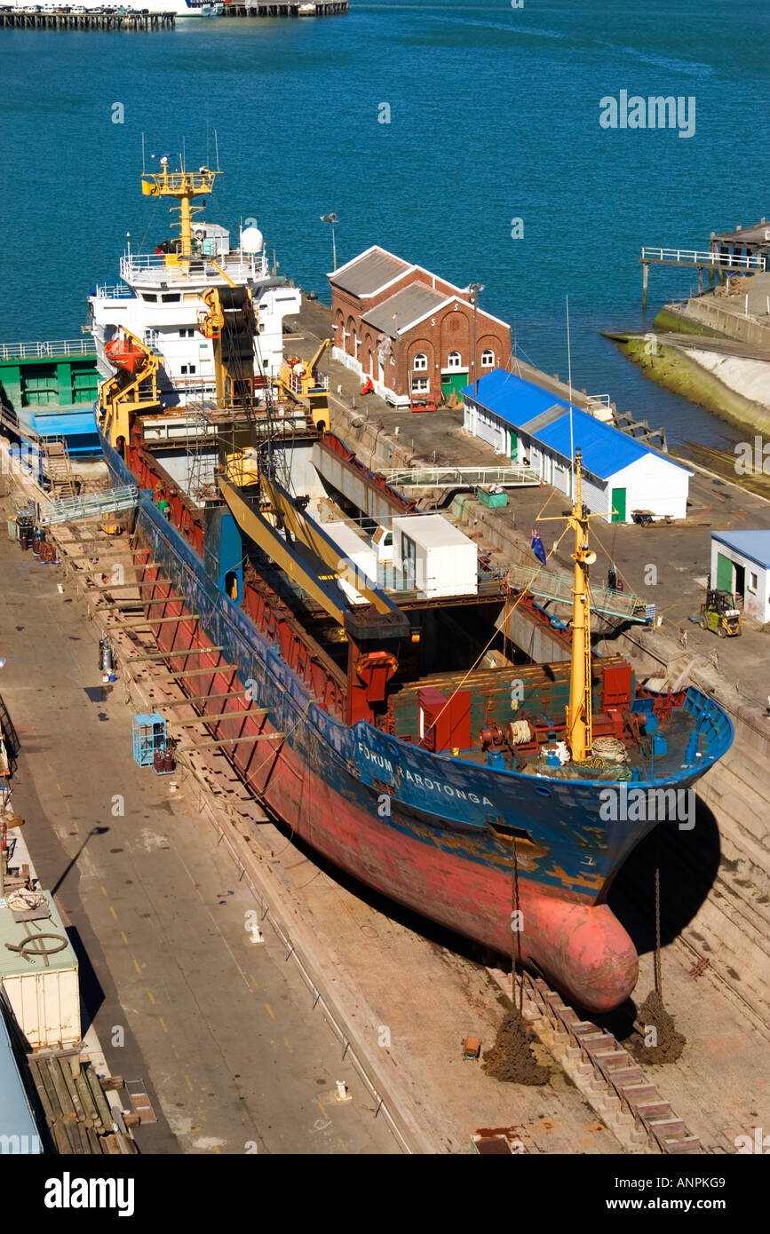 Coastal container ship in drydock, Lyttelton, New Zealand Stock Photo ...
