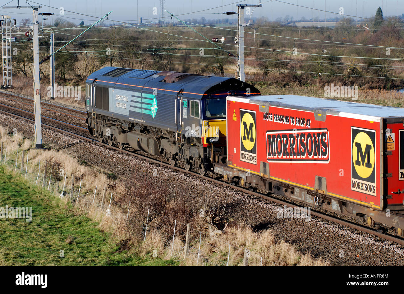 Freightliner train including Morrisons container pulled by DRS Class 66 ...