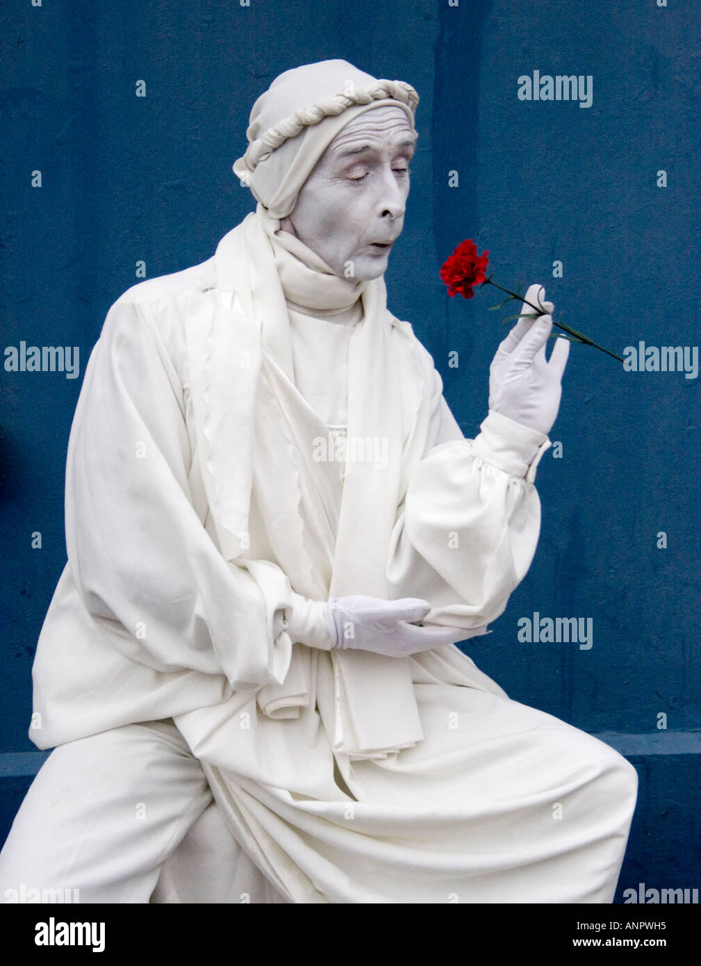 Street performer mime artist with white robes and red rose Stock Photo ...