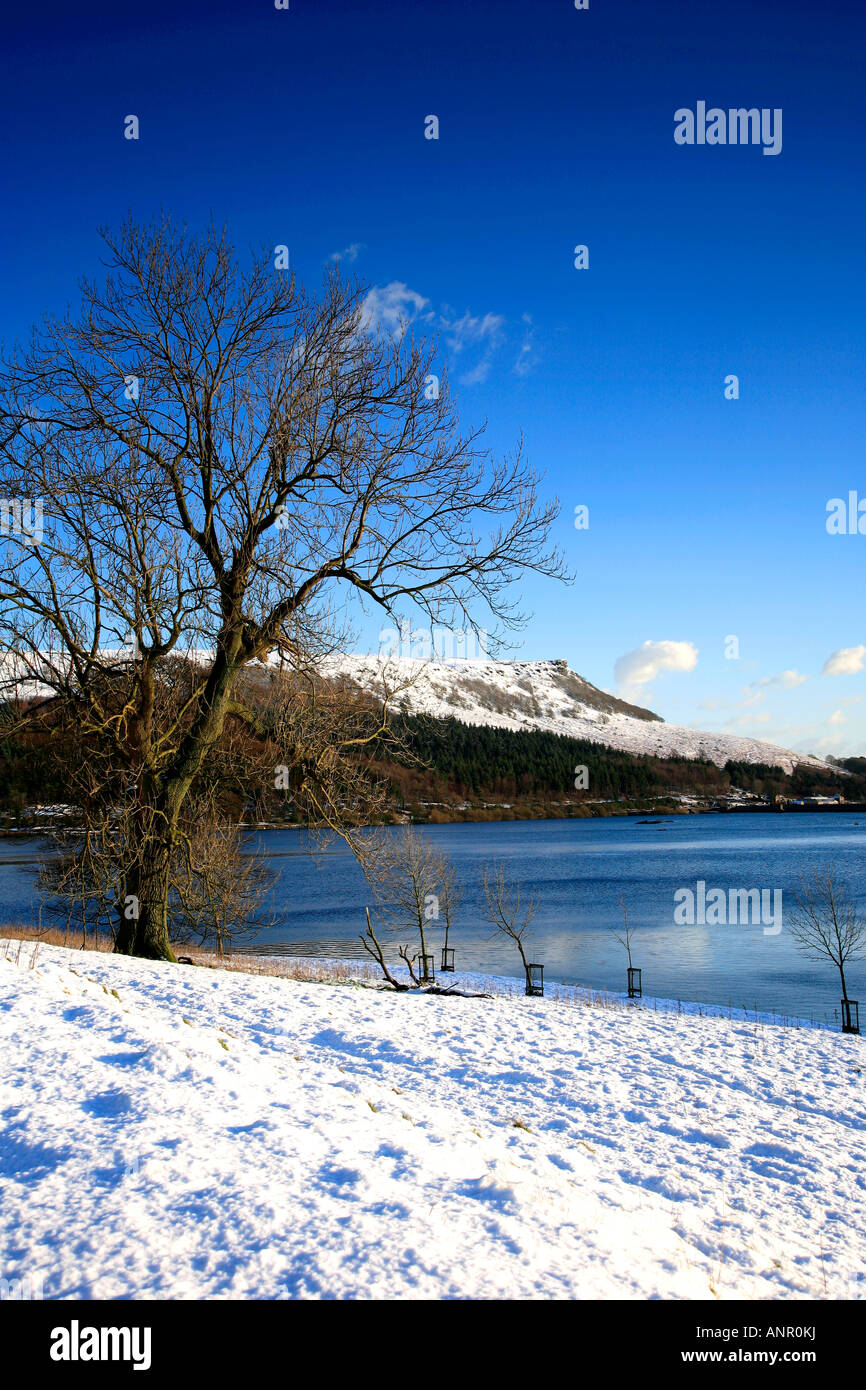 Winter snow Bamford Edge overlooking Ladybower reservoir Upper Derwent ...