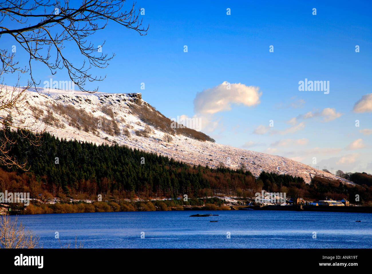 Winter snow Bamford Edge overlooking Ladybower reservoir Upper Derwent ...