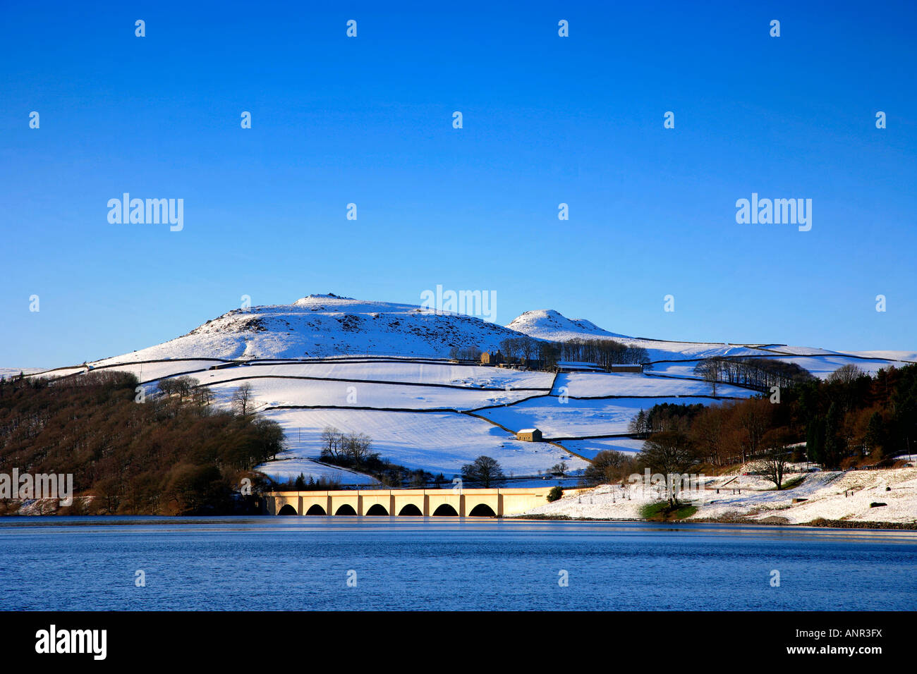 Winter snow Ladybower reservoir Upper Derwent Valley Peak District ...