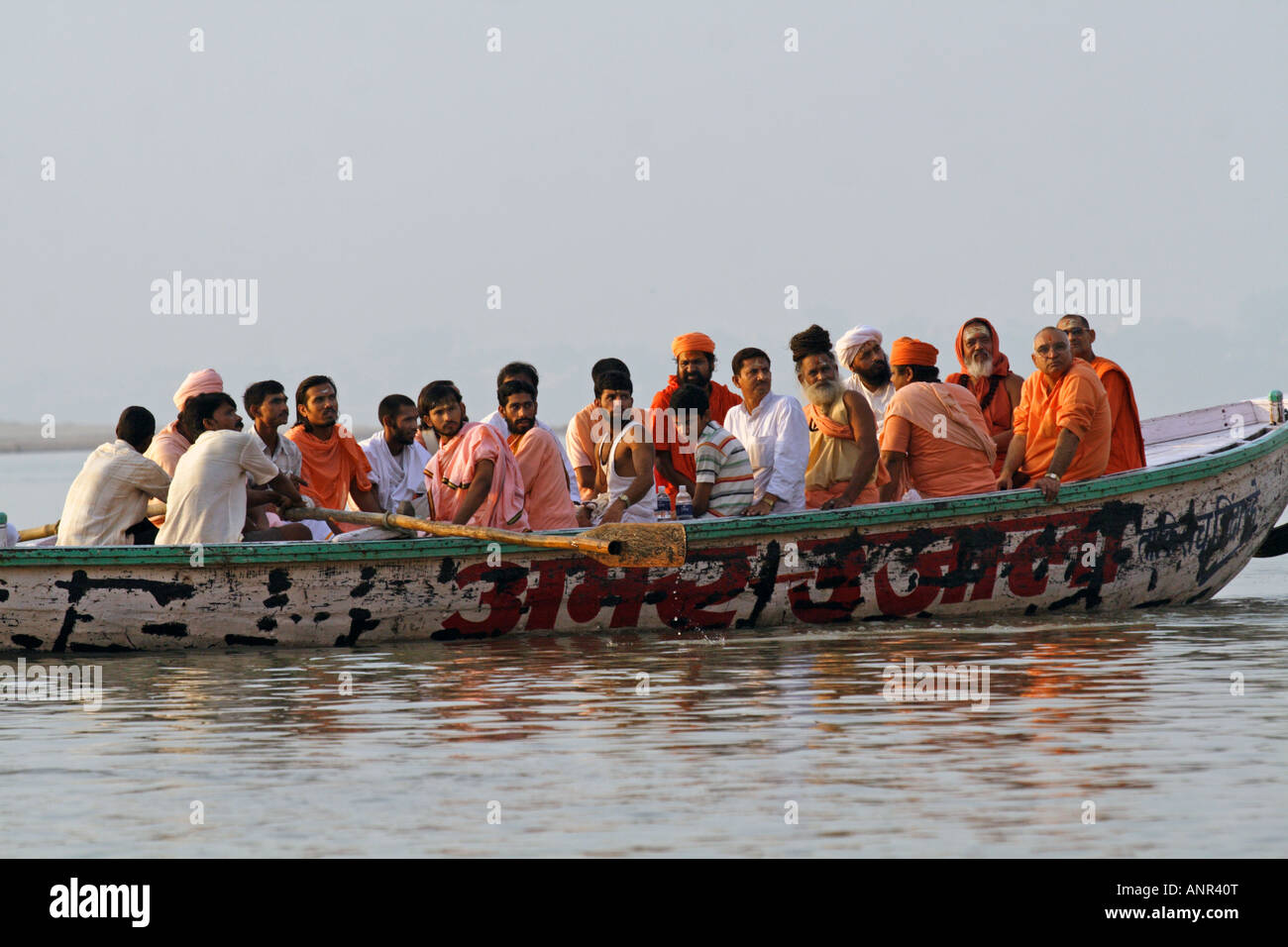 Boat with Hindu pilgrims on the river Ganga in Varanasi, India Stock ...