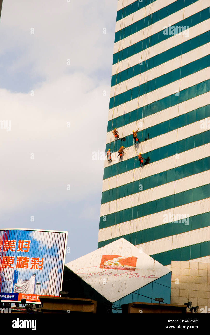 Rope suspended window washers on skyscraper, Shanghai, China Stock ...