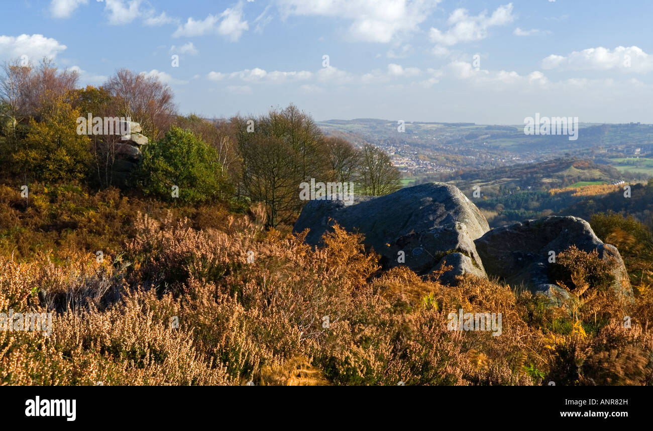 Rocks and bracken on Stanton Moor near Matlock in the Peak District ...