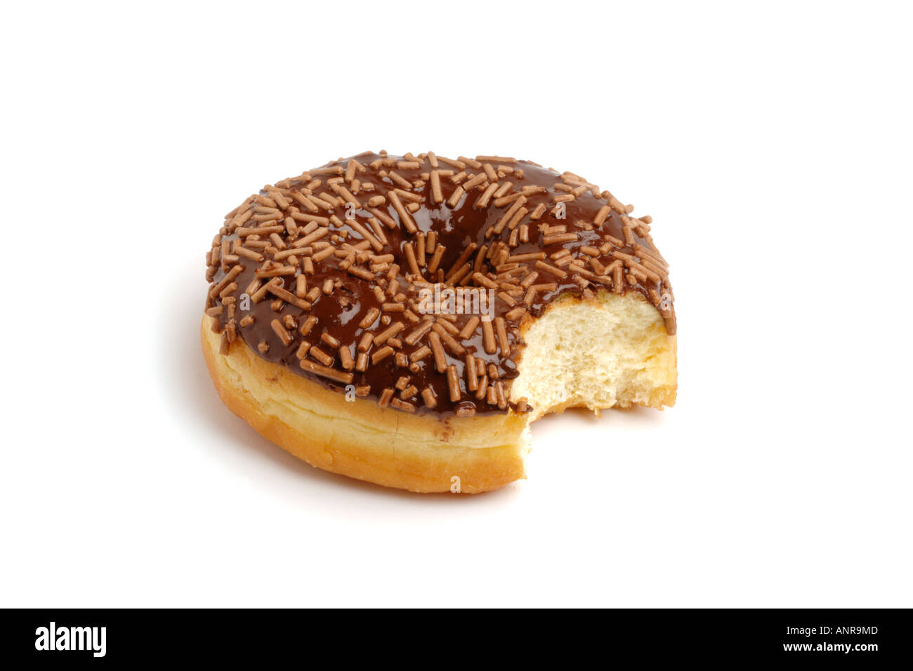 Iced ring doughnut with bite taken out on white background Stock Photo ...