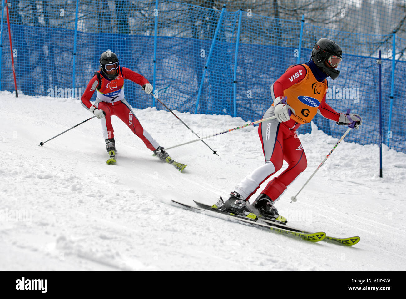 Anna Coma of Spain follows the shouts of her guide in the Womens Alpine ...