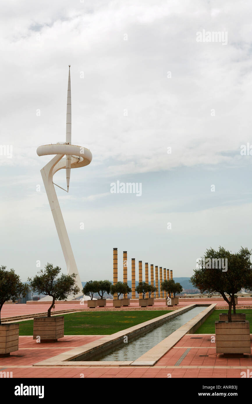 Olympic Park torch and monuments in Barcelona, Spain Stock Photo - Alamy