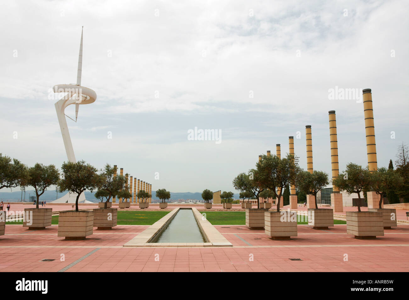 Olympic Park torch and monuments in Barcelona, Spain Stock Photo - Alamy
