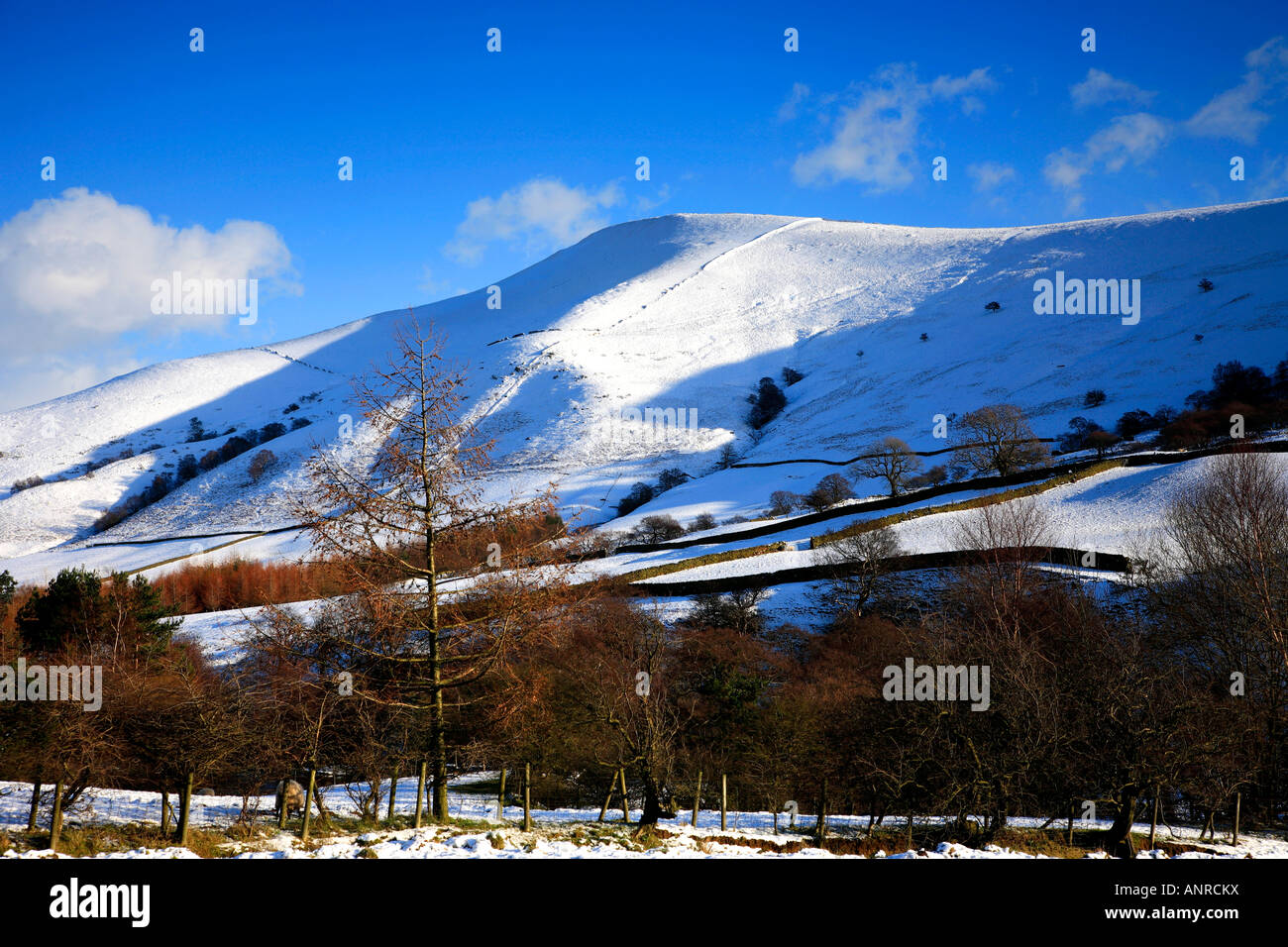 Winter snow on Lose Hill and back Tor from Edale valley Peak District ...