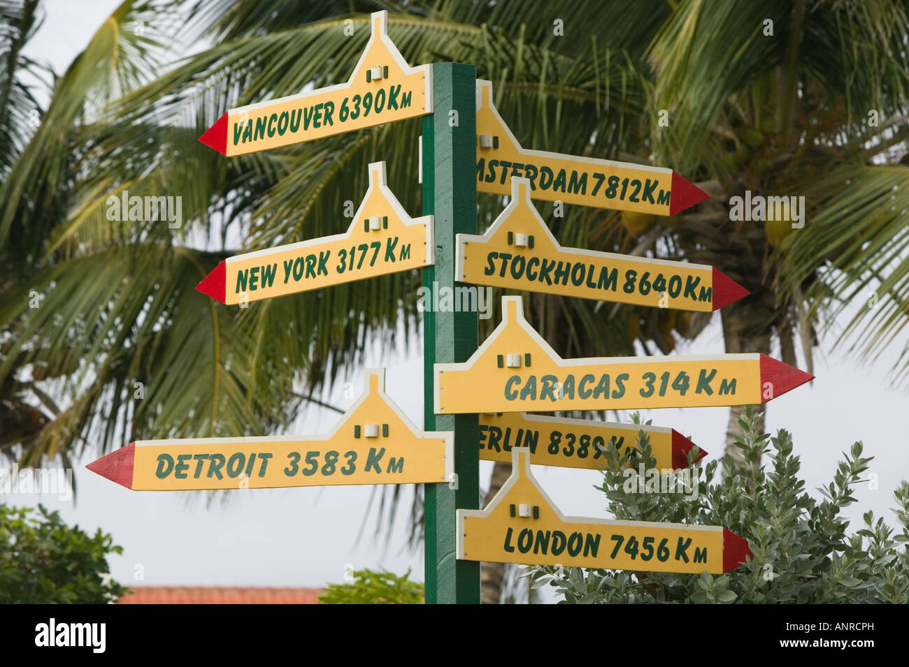 ABC Islands, ARUBA, Eagle Beach: Signpost in Low Rise Resort Area Stock ...
