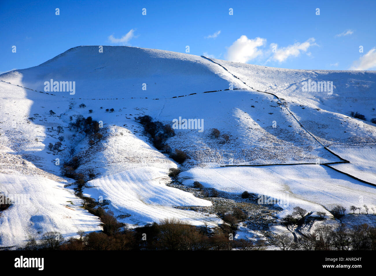 Winter snow on Lose Hill from Edale valley Peak District National Park ...