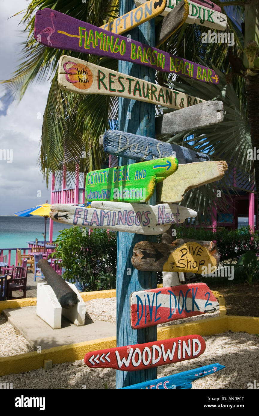ABC Islands, BONAIRE, Kralendijk: Signpost at the Divi Flamingo Resort ...