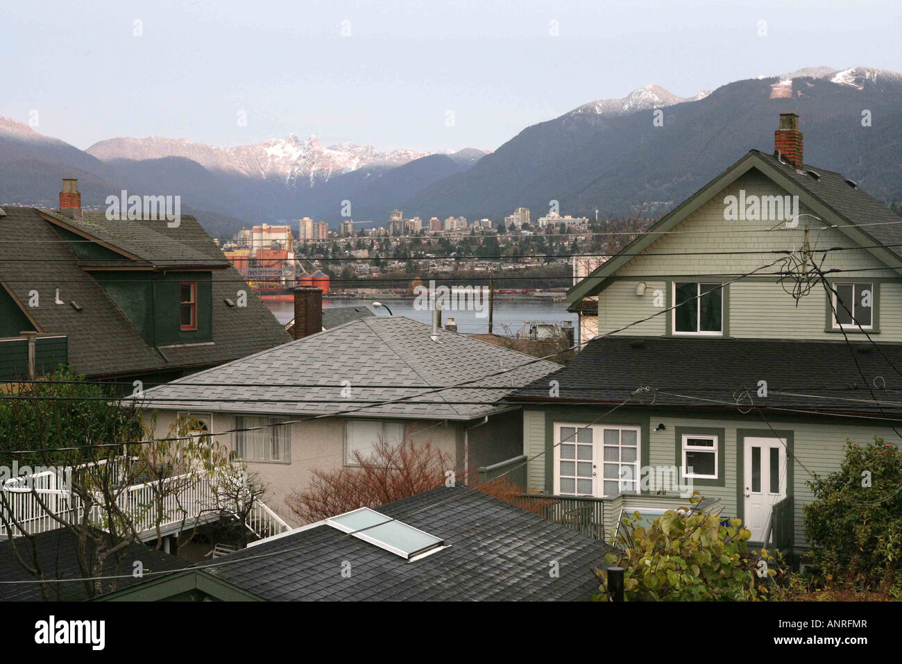 View over traditional suburban houses toward Vancouver city and ...