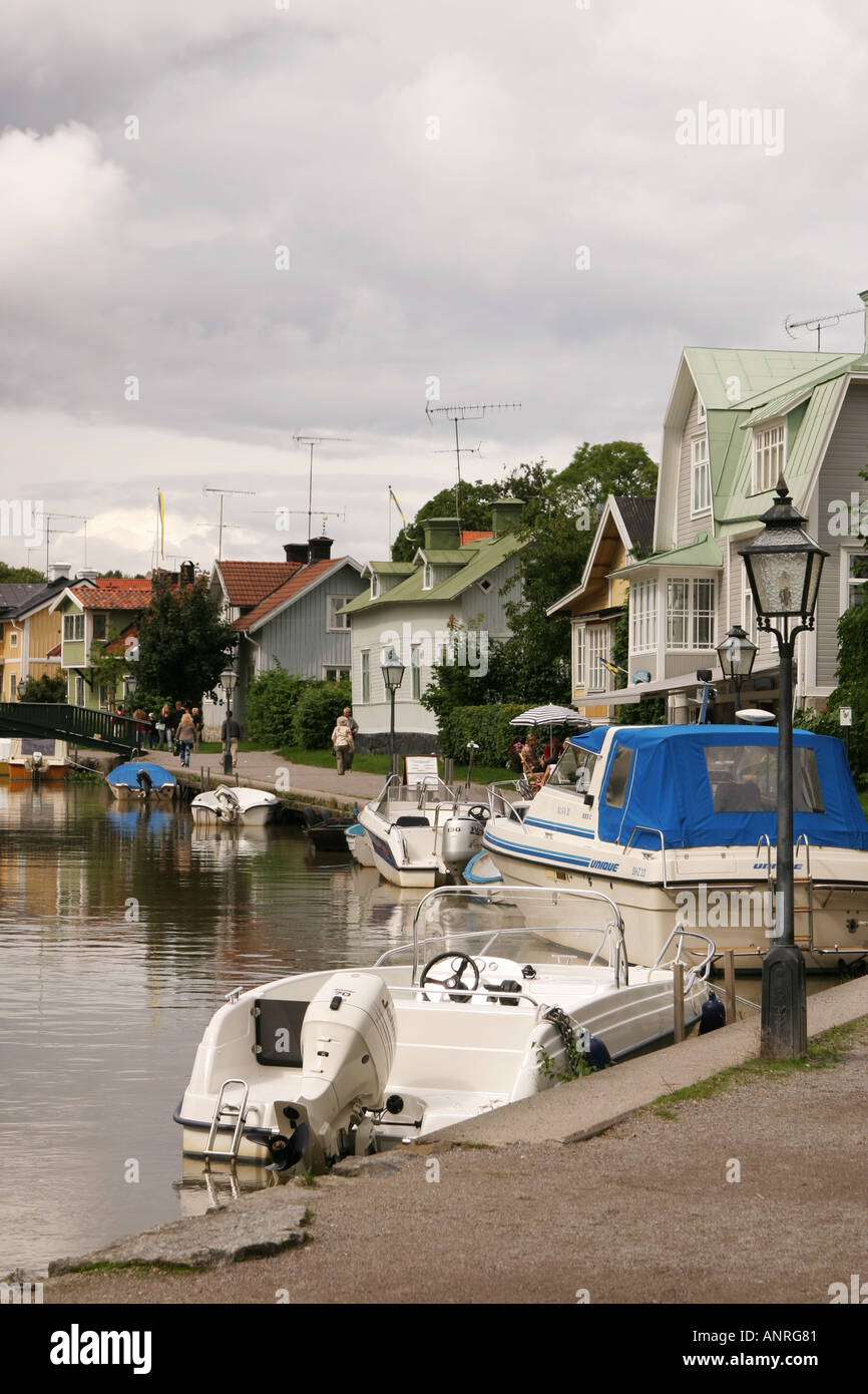 Boats in the river near the marina in the small Swedish town Trosa ...
