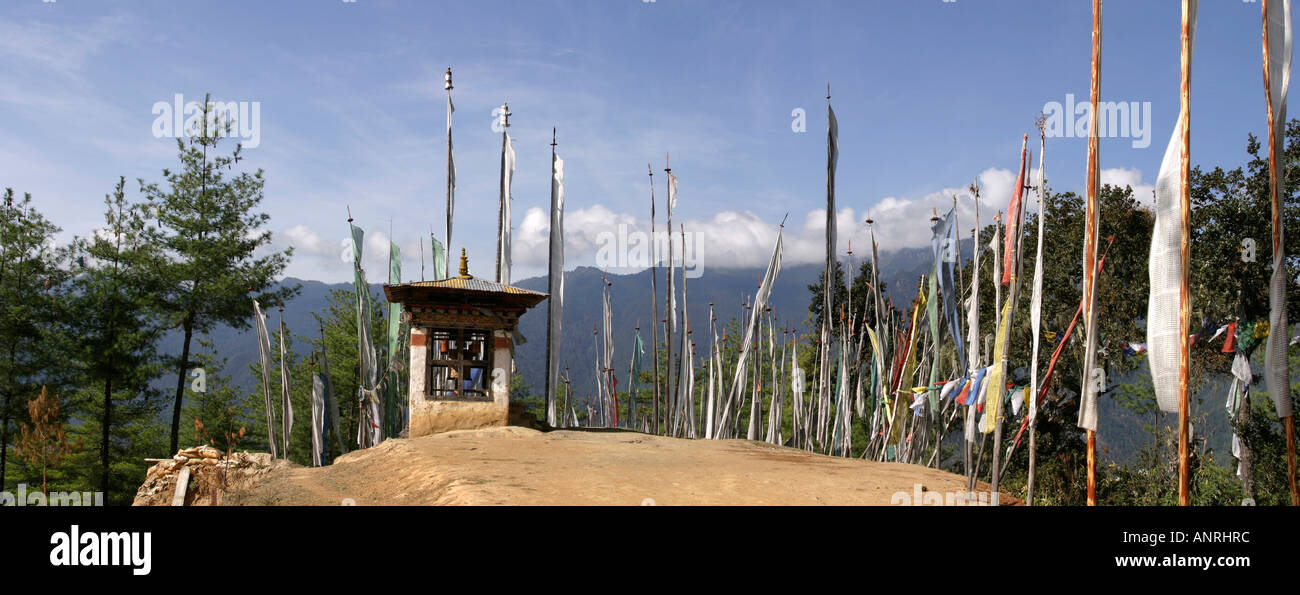 Bhutan Paro Valley Taktsang chorten prayer flags panoramic Stock Photo ...