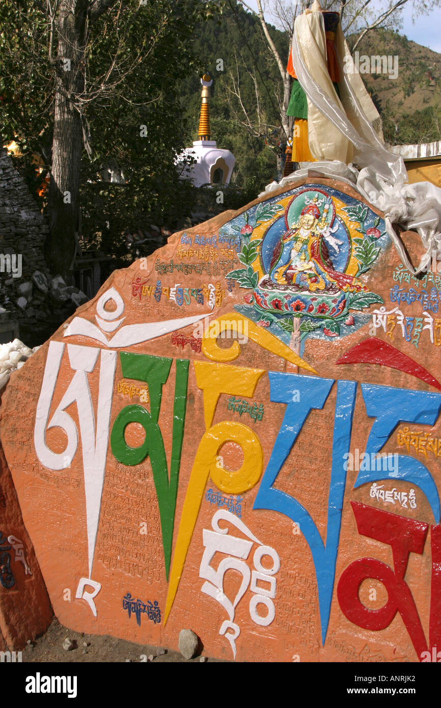 India Himachal Pradesh Rewalsar Religion Buddhist inscription on rock ...