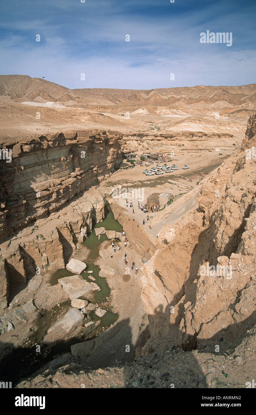 Viewed from above the deep gorge and waterfall of the oasis of Chebika ...