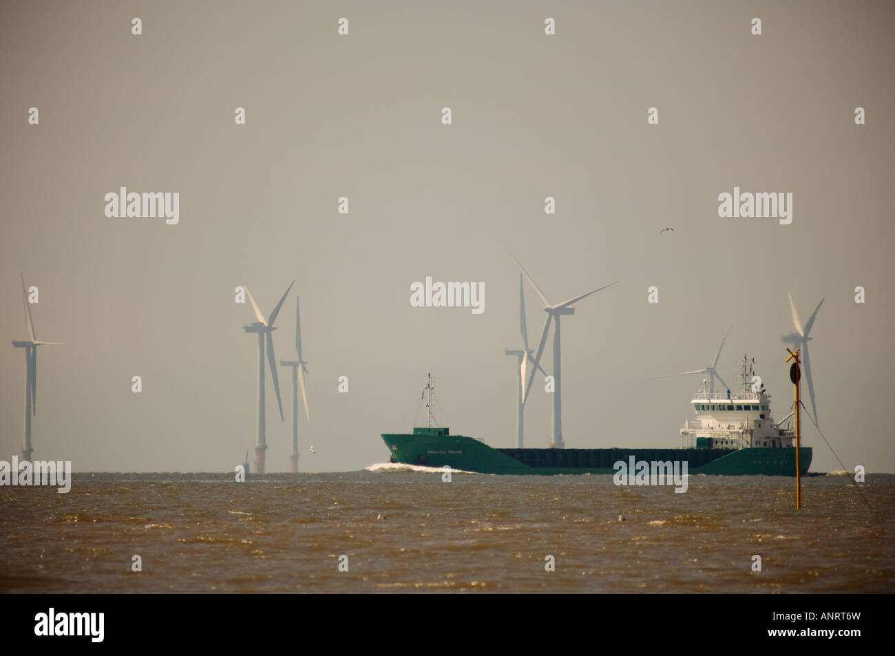 Burbo Bank offshore wind farm, with cargo boat, seen from Crosby Stock ...