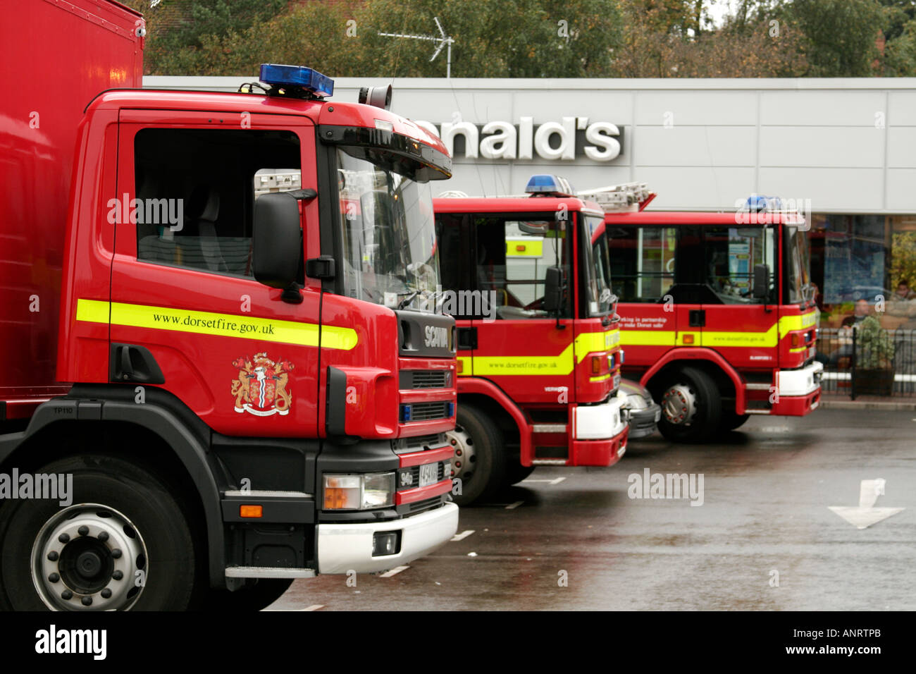 Three fire engines outside MacDonald's, Alder Road, Poole, Dorset ...
