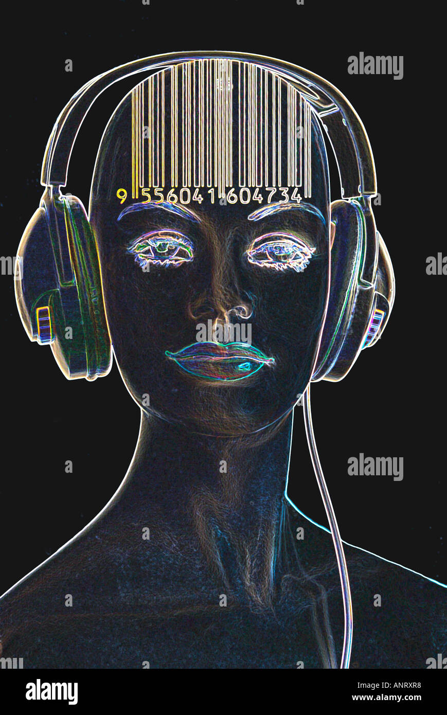 Female display dummy with headphones and barcode on forehead Stock ...
