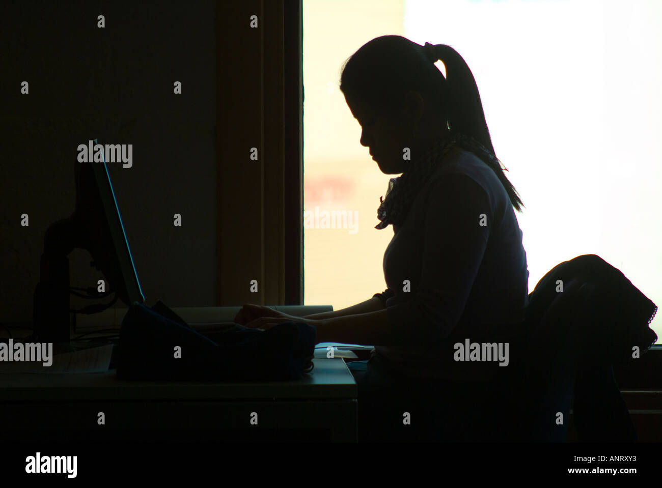 A university student at work at a computer in the library Stock Photo ...