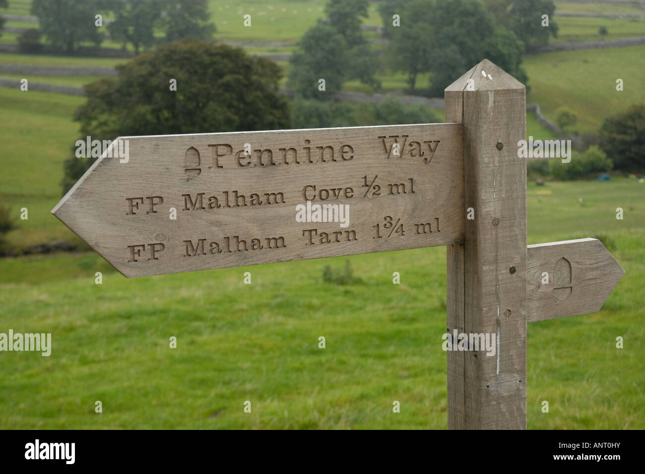 A Pennine Way footpath sign at Malham Cove Wensleydale North Yorkshire ...
