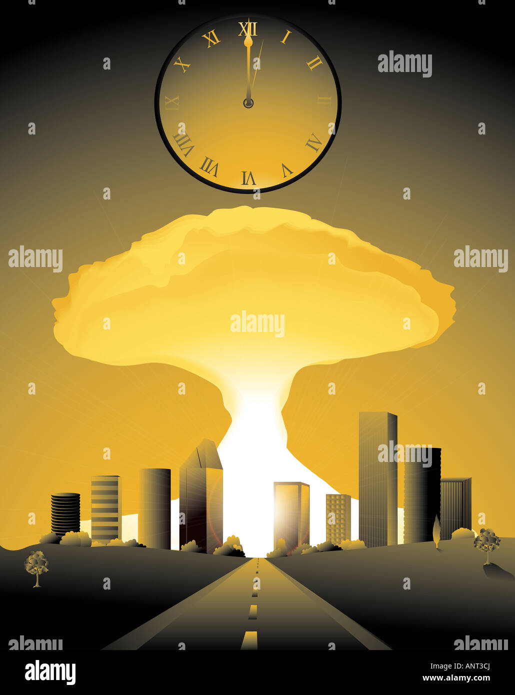 doomsday with a nuclear bomb going off in a city and clock striking ...
