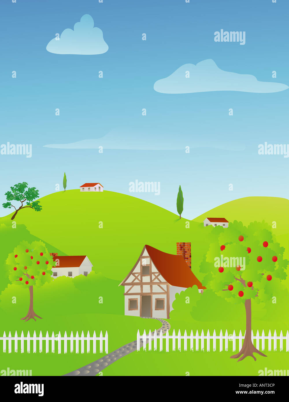 Rural spring scene with cottages and houses Stock Photo - Alamy