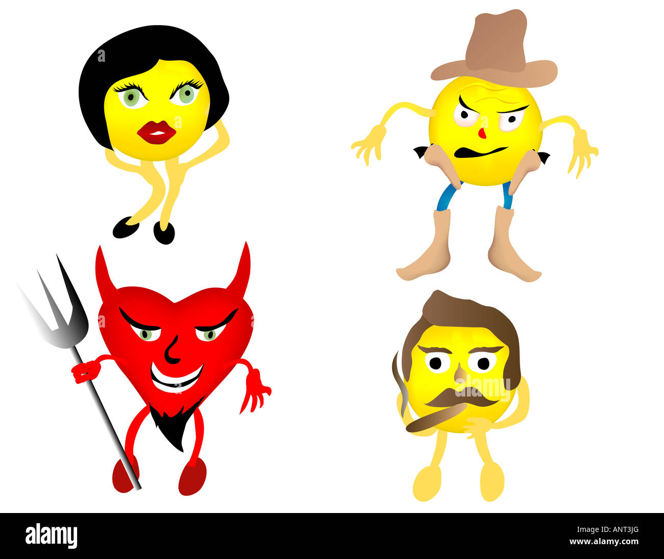 Various smiley face characters cowboy woman devil and guy smoking a ...