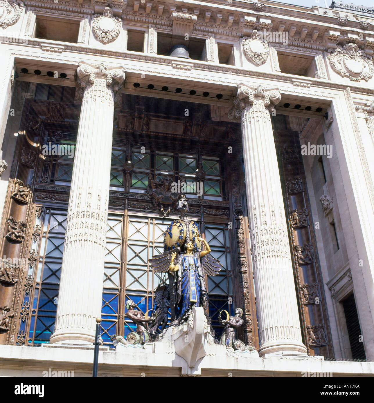 Exterior view of statue and storefront at Selfridges department store ...