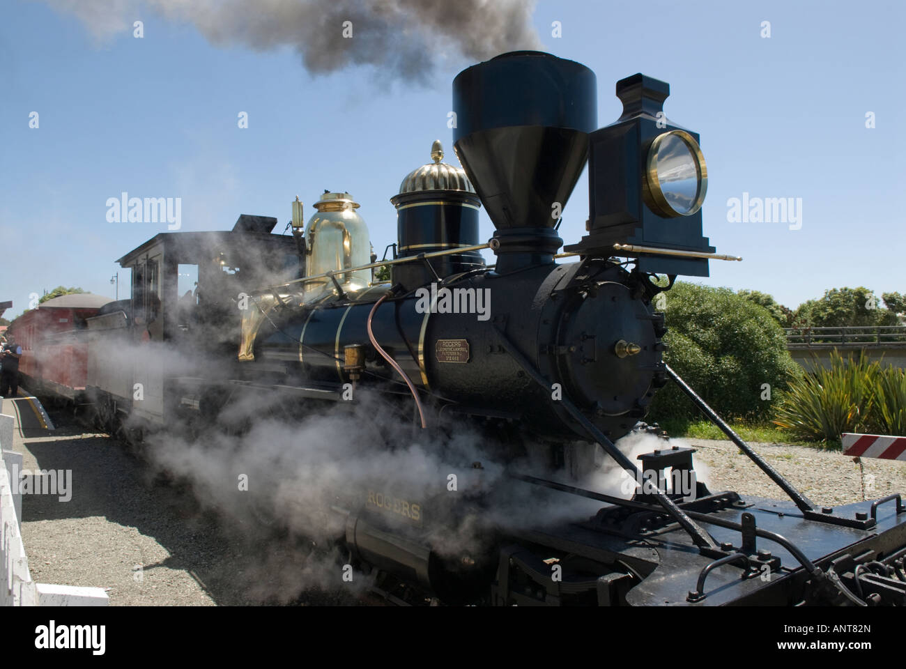 Restored steam train in the historic district of the port of Oamaru ...