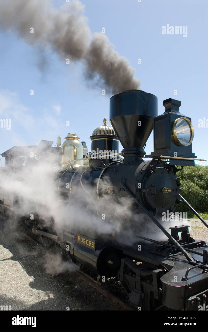 Restored steam train in the historic district of the port of Oamaru ...