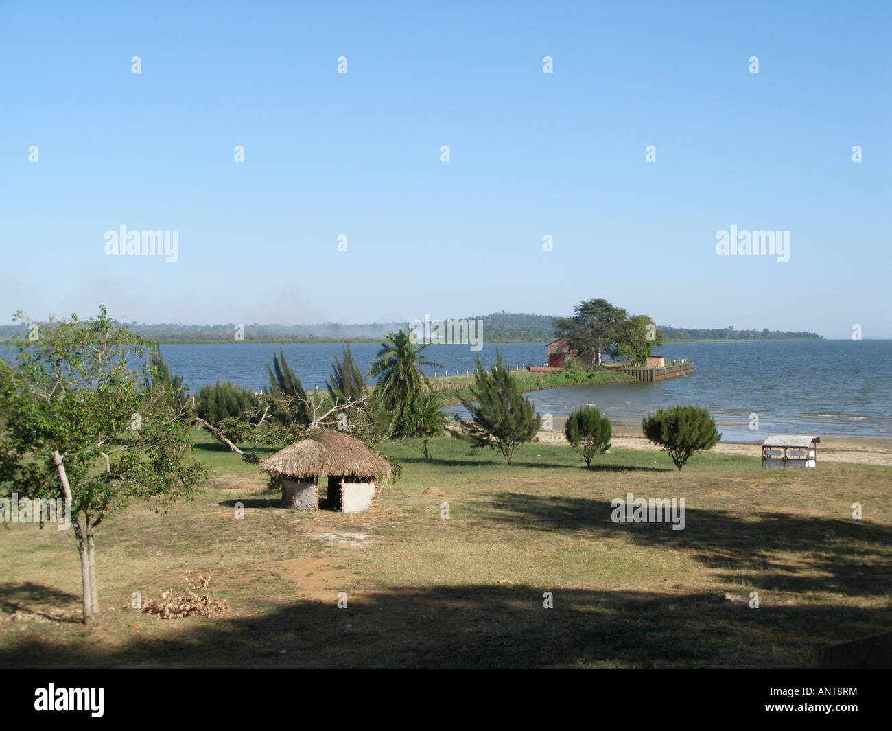 View of Lake Victoria with a recreational hut at Camp Crocs, Uganda ...