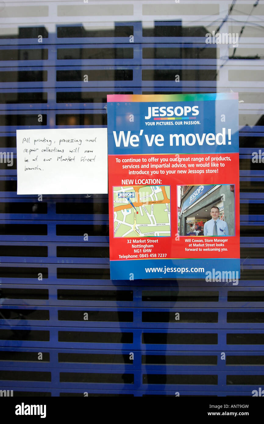 The closed Jessops shop in Nottingham. The sign says the shop has moved ...