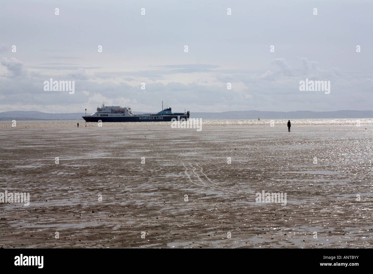 Ferry sailing past Another Place figure sculptures on the beach by ...