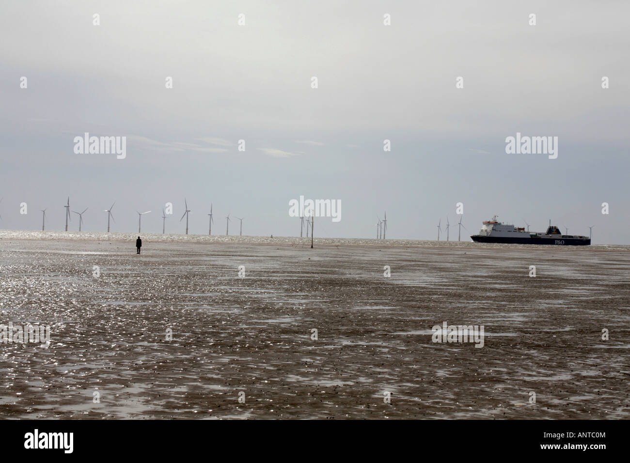 Ferry sailing past Another Place figure sculptures on the beach by ...