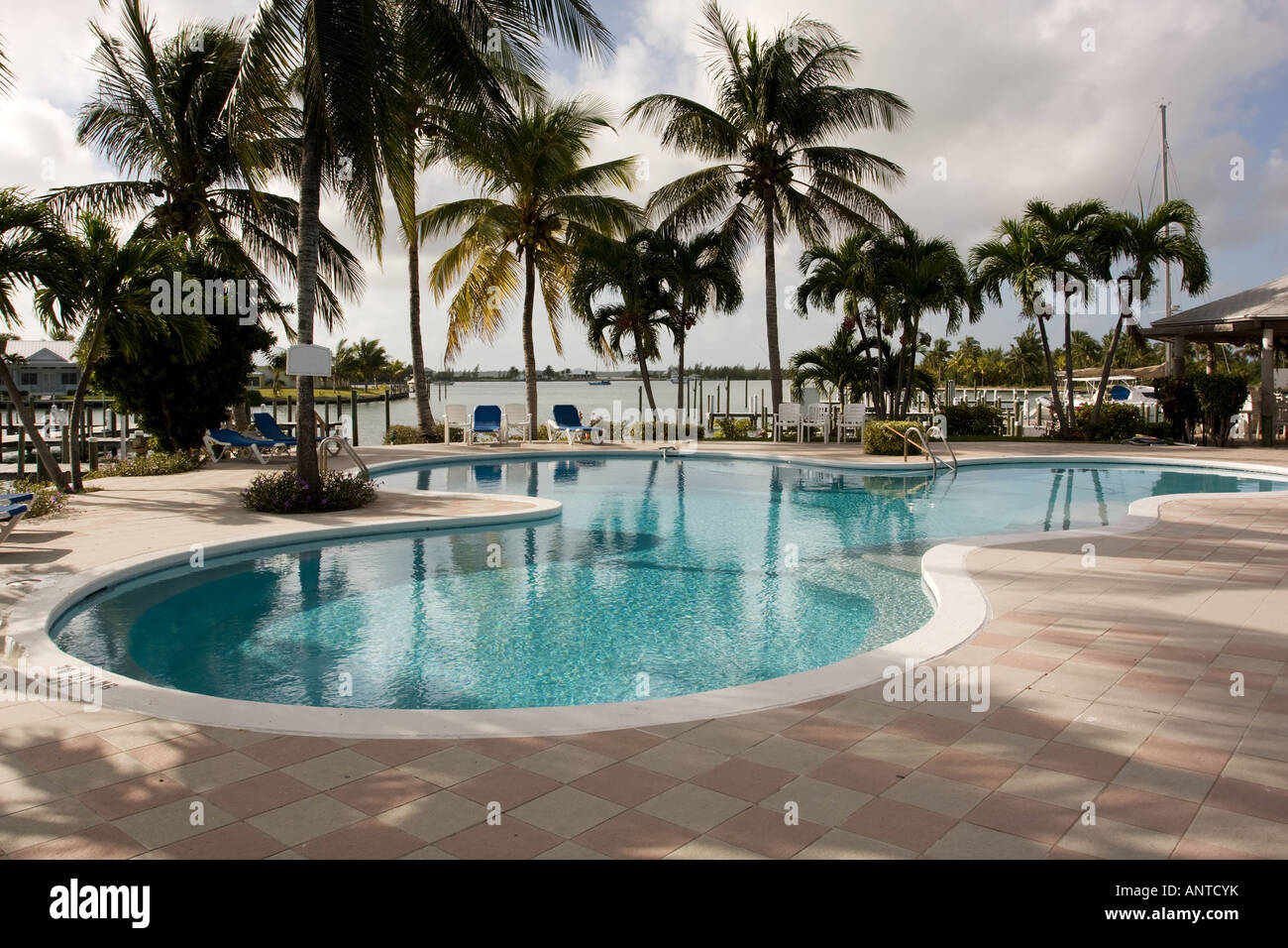marina swimming pool with blue sun beds and chairs Stock Photo - Alamy