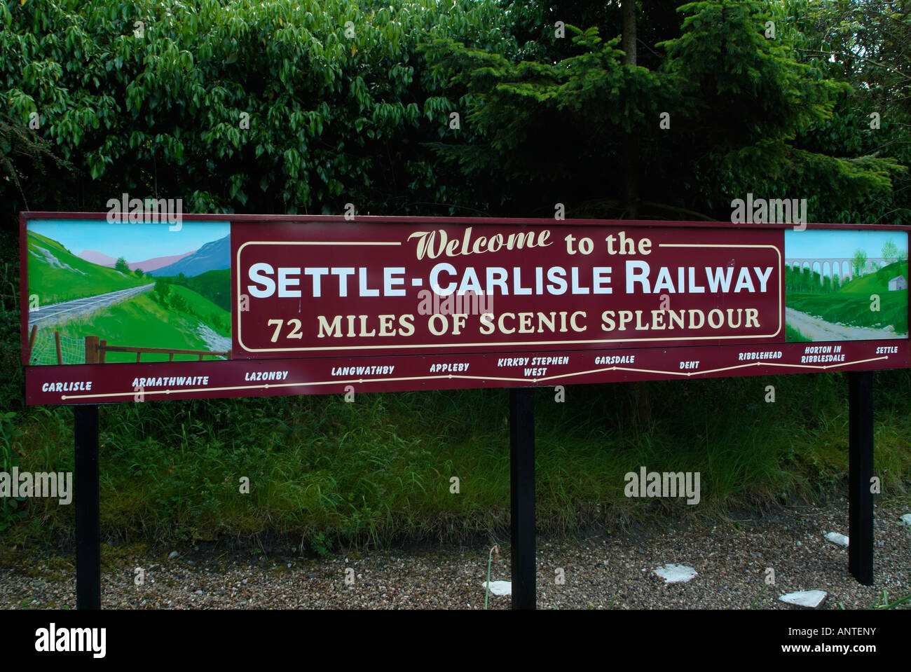 Settle Carlisle railway sign at the station North Yorkshire Stock Photo ...