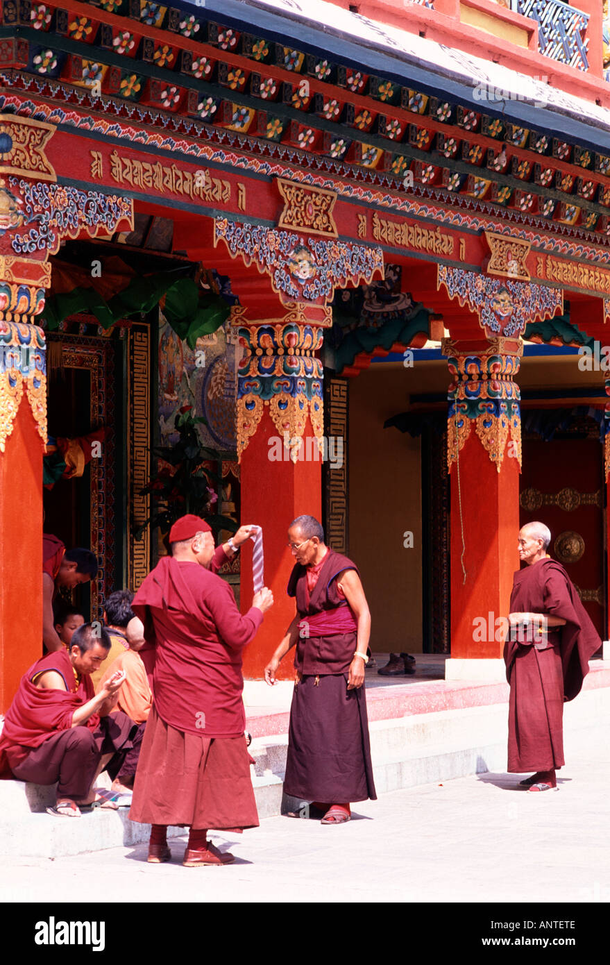 Tibetan Buddhist monks in a monastery in Bouddhanath, Nepal Stock Photo ...