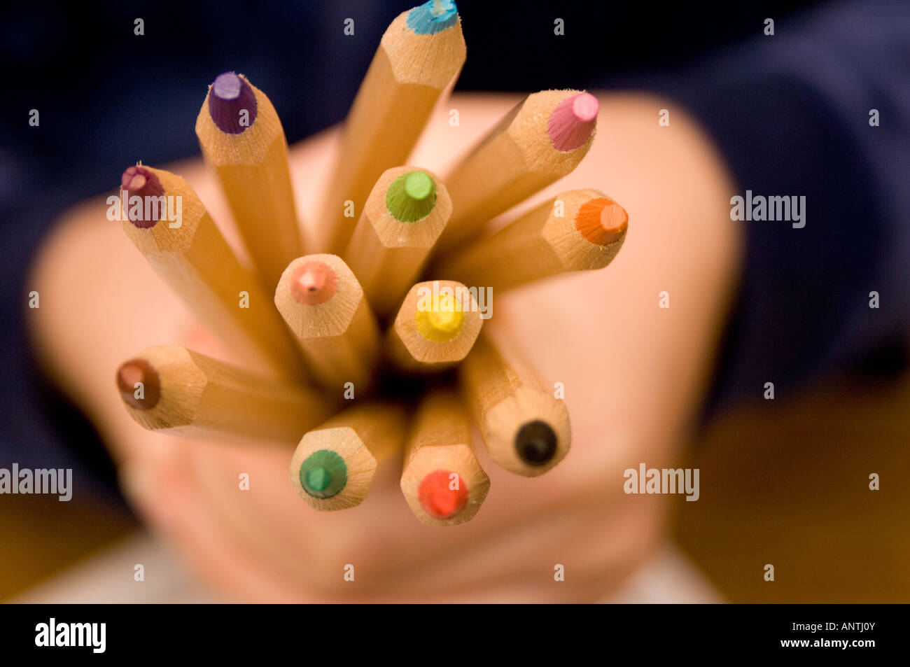 set of coloured wooden crayons splayed out and held in the out of focus ...