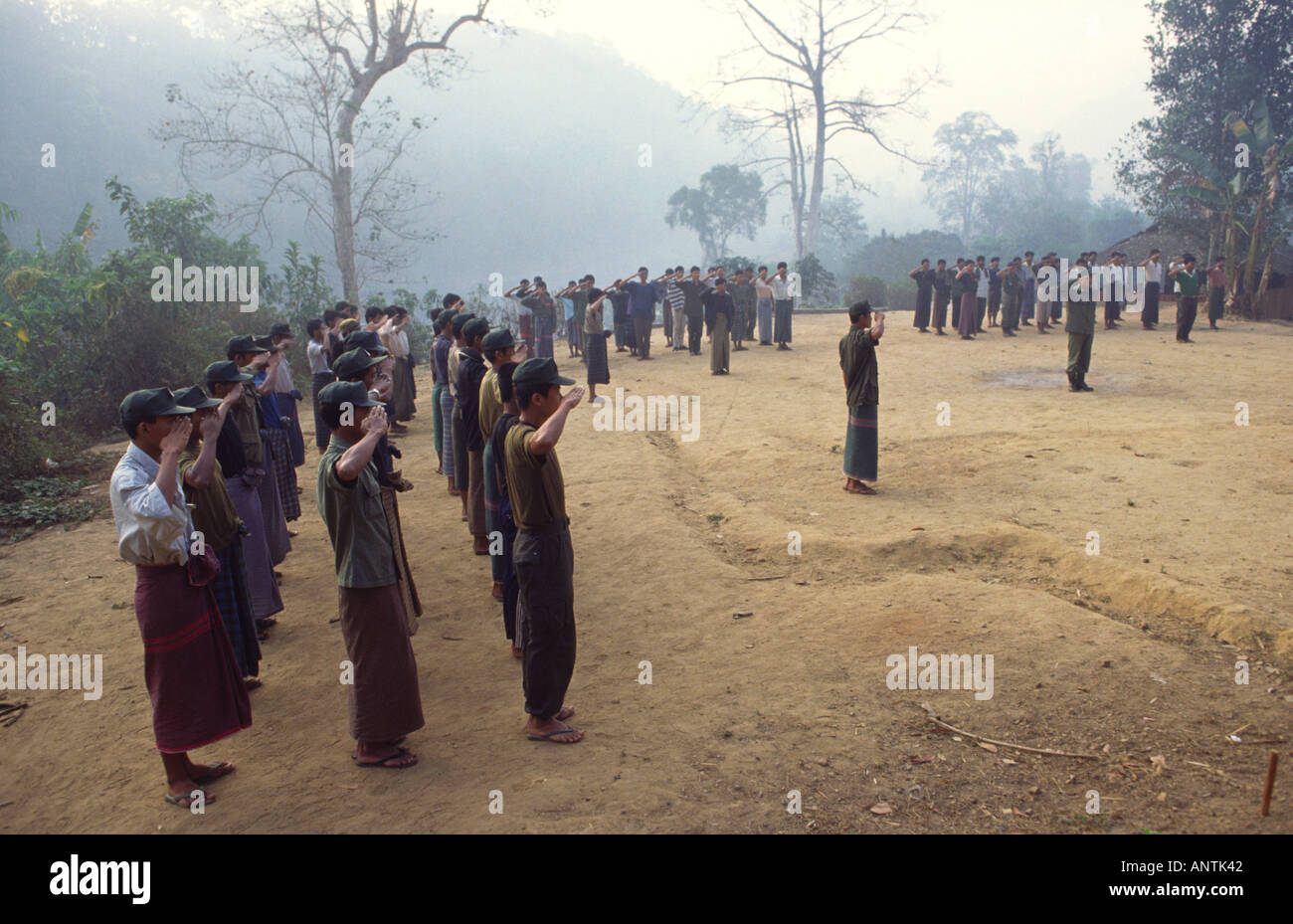 ABSDF fighters during morning roll call Manerplow Kawtholei Burma Stock ...